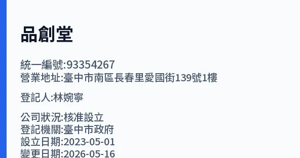 品創堂的照片-統編 93354267(臺中市) 公司登記資料與營業項目詳細圖表