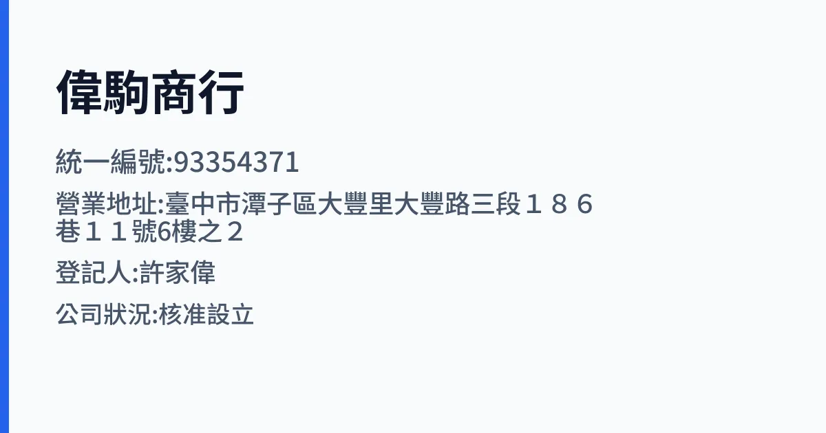 偉駒商行 - 統編 93354371(臺中市) 公司登記資料與營業項目詳細圖表