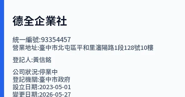 德全企業社的照片-統編 93354457(臺中市) 公司登記資料與營業項目詳細圖表