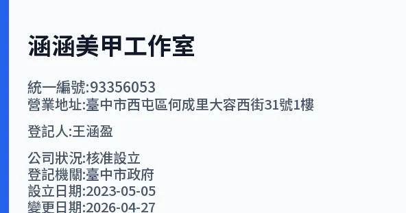 涵涵美甲工作室的照片-統編 93356053(臺中市) 公司登記資料與營業項目詳細圖表
