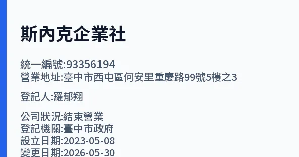 斯內克企業社的照片-統編 93356194(臺中市) 公司登記資料與營業項目詳細圖表