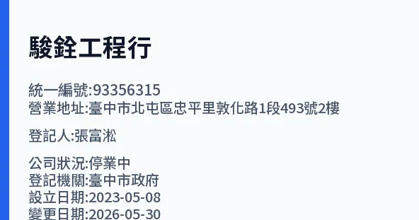 駿銓工程行的照片-統編 93356315(臺中市) 公司登記資料與營業項目詳細圖表