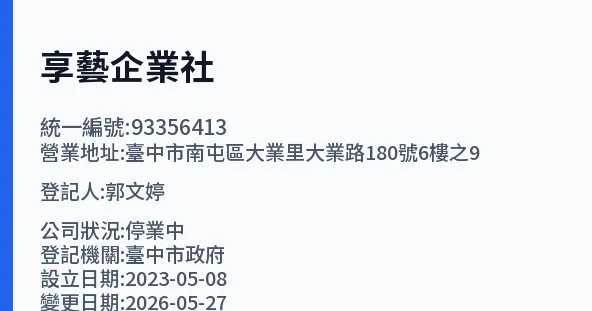 享藝企業社的照片-統編 93356413(臺中市) 公司登記資料與營業項目詳細圖表