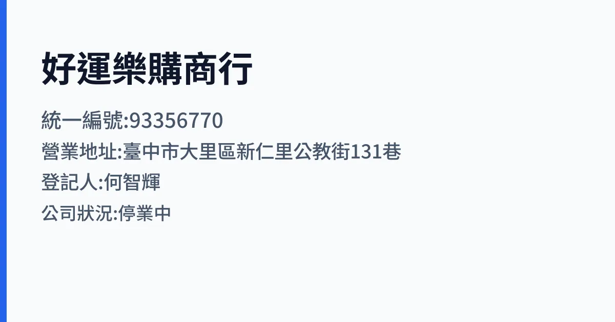 好運樂購商行 - 統編 93356770(臺中市) 公司登記資料與營業項目詳細圖表