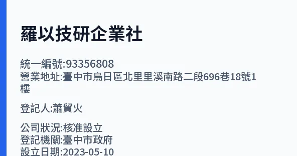 羅以技研企業社的照片-統編 93356808(臺中市) 公司登記資料與營業項目詳細圖表