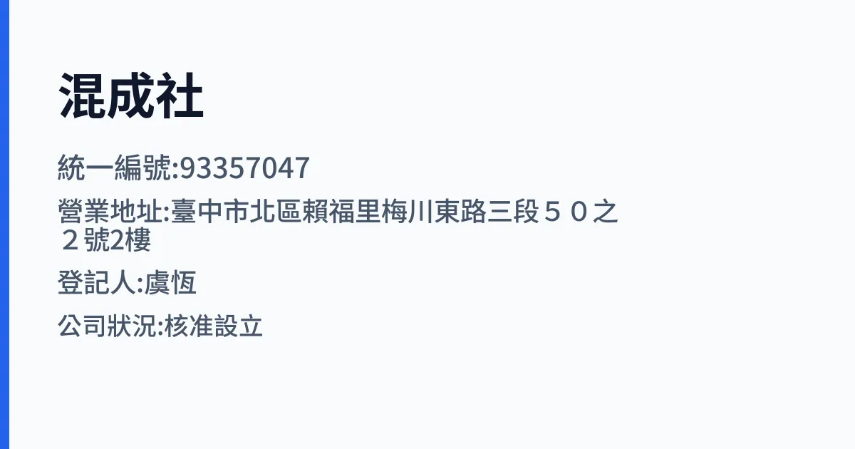 混成社 - 統編 93357047(臺中市) 公司登記資料與營業項目詳細圖表
