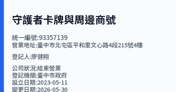 守護者卡牌與周邊商號的照片-統編 93357139(臺中市) 公司登記資料與營業項目詳細圖表