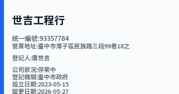 世吉工程行的照片-統編 93357784(臺中市) 公司登記資料與營業項目詳細圖表