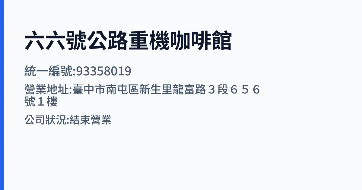六六號公路重機咖啡館 - 統編 93358019(臺中市) 公司登記資料與營業項目詳細圖表