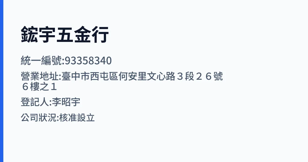 鋐宇五金行 - 統編 93358340(臺中市) 公司登記資料與營業項目詳細圖表