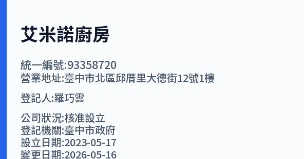 艾米諾廚房的照片-統編 93358720(臺中市) 公司登記資料與營業項目詳細圖表