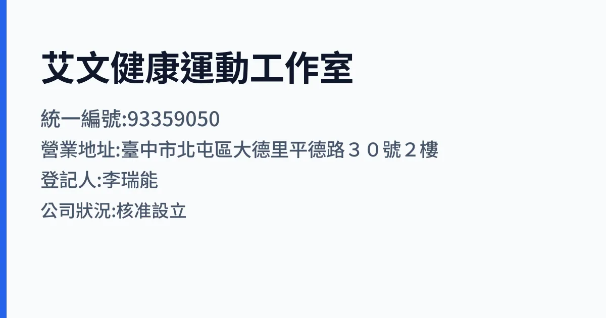艾文健康運動工作室 - 統編 93359050(臺中市) 公司登記資料與營業項目詳細圖表