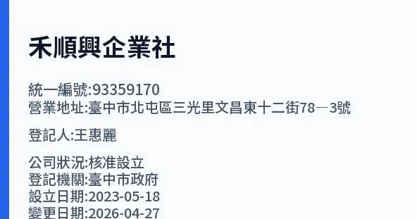 禾順興企業社的照片-統編 93359170(臺中市) 公司登記資料與營業項目詳細圖表