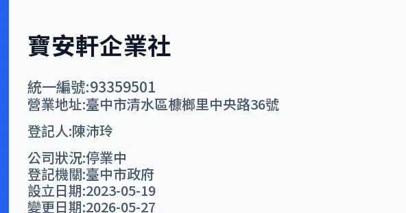 寶安軒企業社的照片-統編 93359501(臺中市) 公司登記資料與營業項目詳細圖表