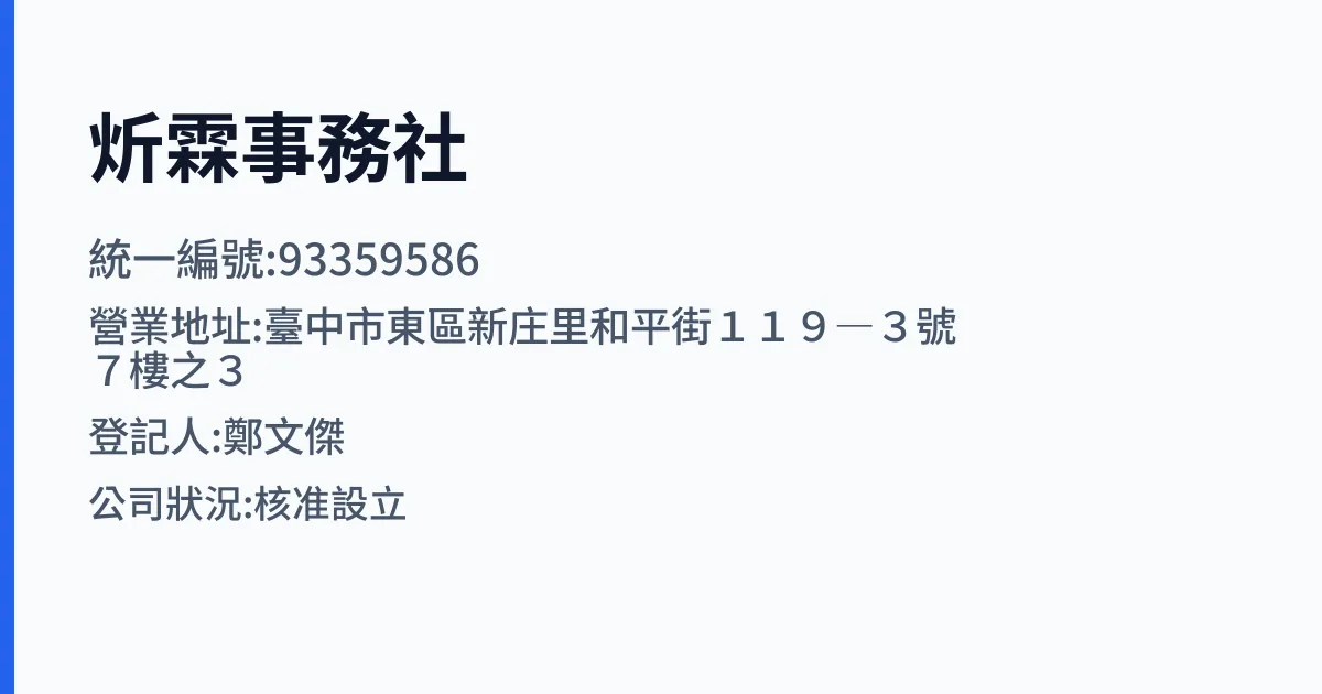 炘霖事務社 - 統編 93359586(臺中市) 公司登記資料與營業項目詳細圖表
