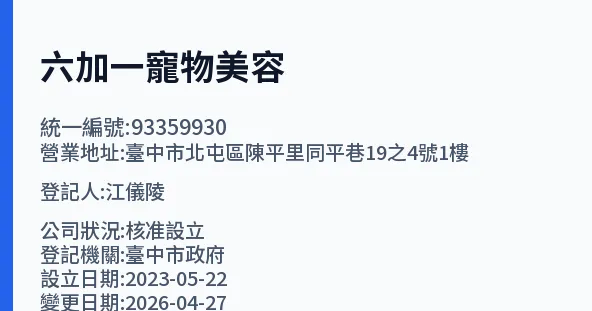 六加一寵物美容的照片-統編 93359930(臺中市) 公司登記資料與營業項目詳細圖表