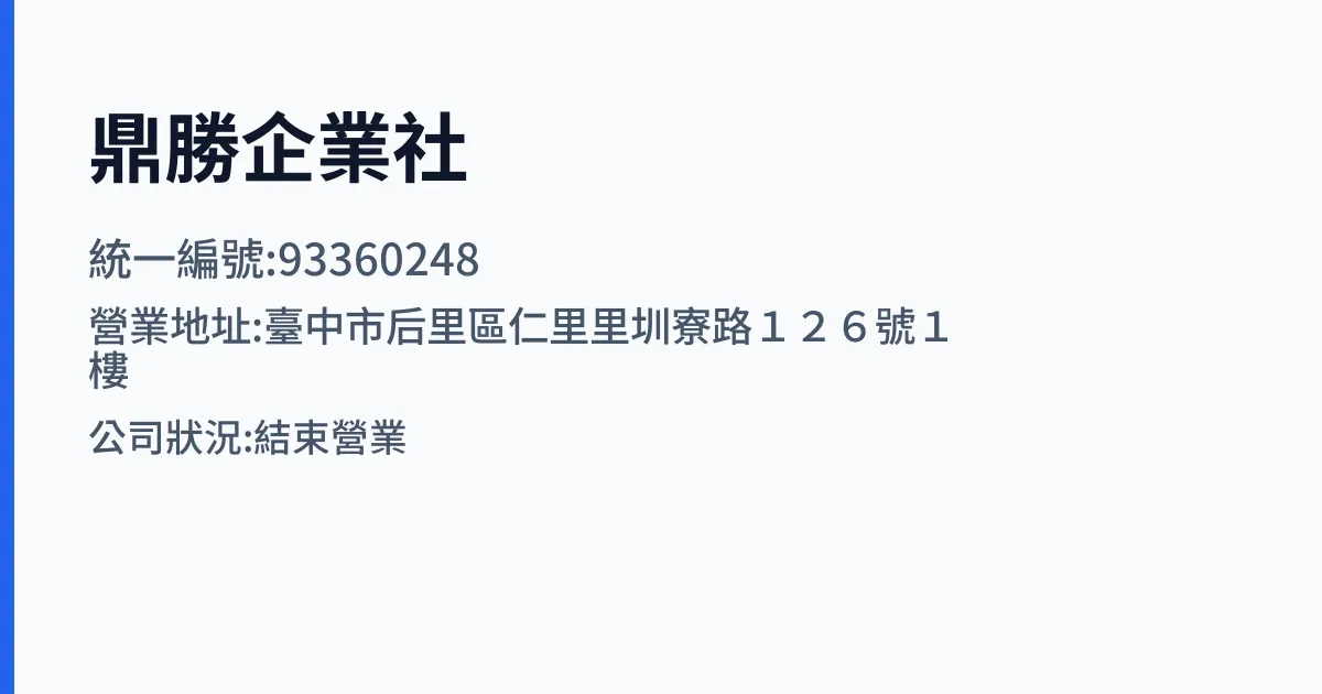 鼎勝企業社 - 統編 93360248(臺中市) 公司登記資料與營業項目詳細圖表