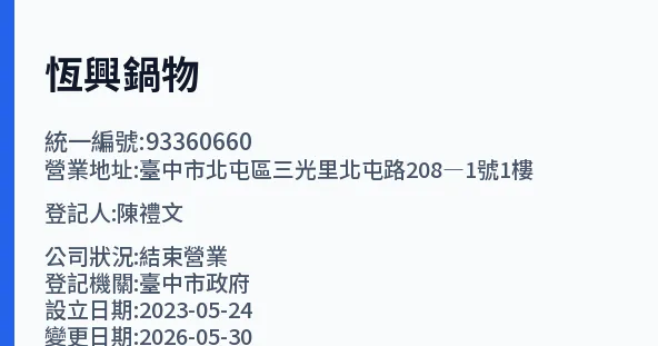 恆興鍋物的照片-統編 93360660(臺中市) 公司登記資料與營業項目詳細圖表
