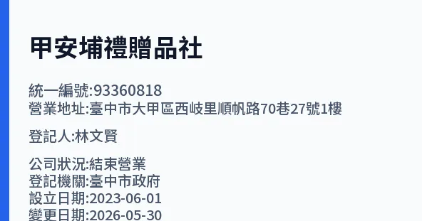 甲安埔禮贈品社的照片-統編 93360818(臺中市) 公司登記資料與營業項目詳細圖表