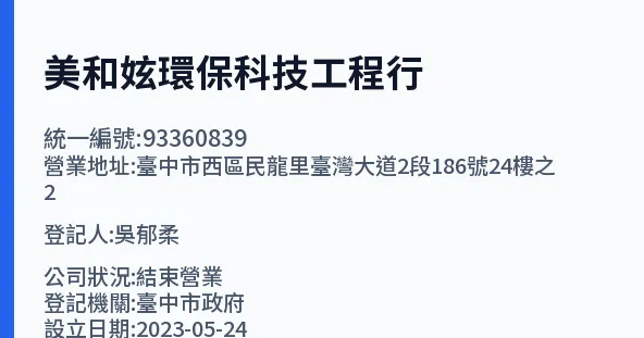 美和妶環保科技工程行的照片-統編 93360839(臺中市) 公司登記資料與營業項目詳細圖表