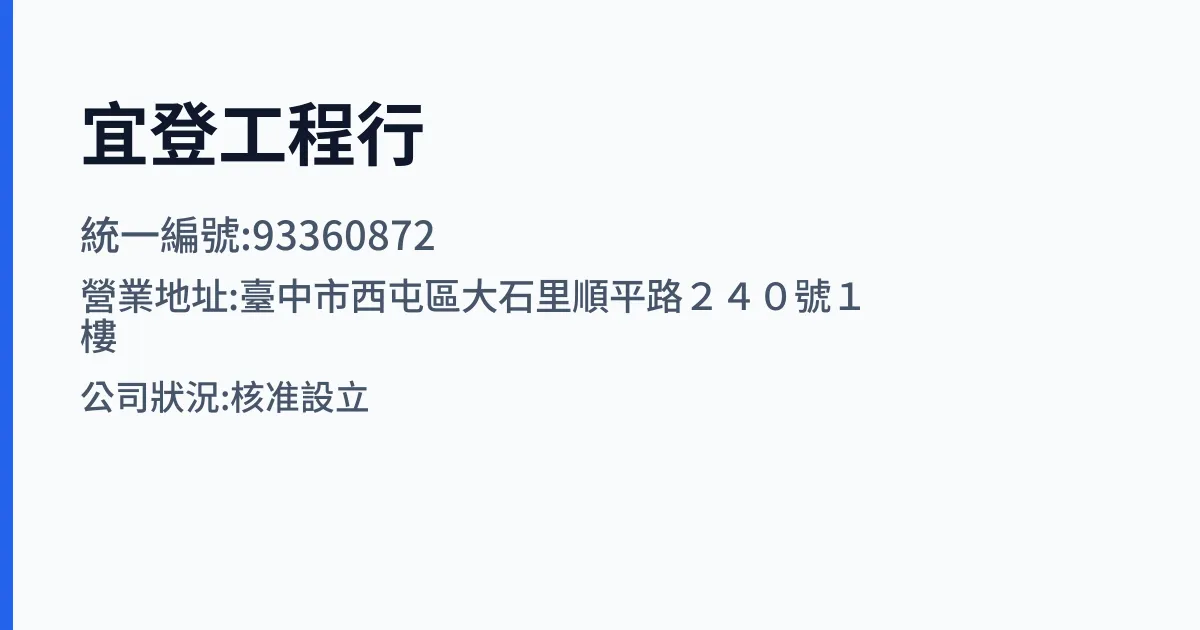 宜登工程行 - 統編 93360872(臺中市) 公司登記資料與營業項目詳細圖表