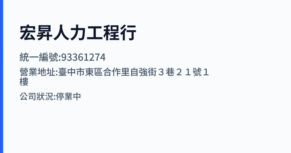 宏昇人力工程行 - 統編 93361274(臺中市) 公司登記資料與營業項目詳細圖表