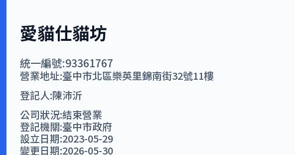 愛貓仕貓坊的照片-統編 93361767(臺中市) 公司登記資料與營業項目詳細圖表