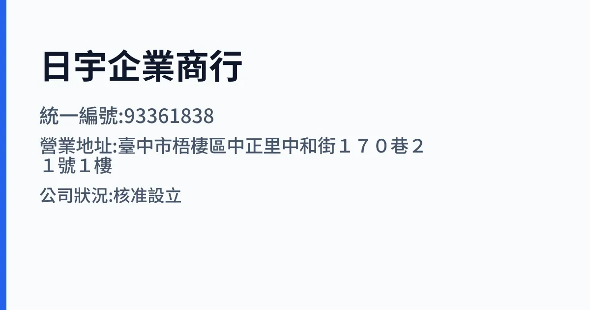 日宇企業商行 - 統編 93361838(臺中市) 公司登記資料與營業項目詳細圖表