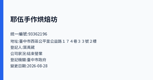 耶伍手作烘焙坊的照片-統編 93362196(臺中市) 公司登記資料與營業項目詳細圖表
