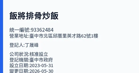 飯將排骨炒飯的照片-統編 93362484(臺中市) 公司登記資料與營業項目詳細圖表