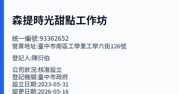 森提時光甜點工作坊的照片-統編 93362652(臺中市) 公司登記資料與營業項目詳細圖表