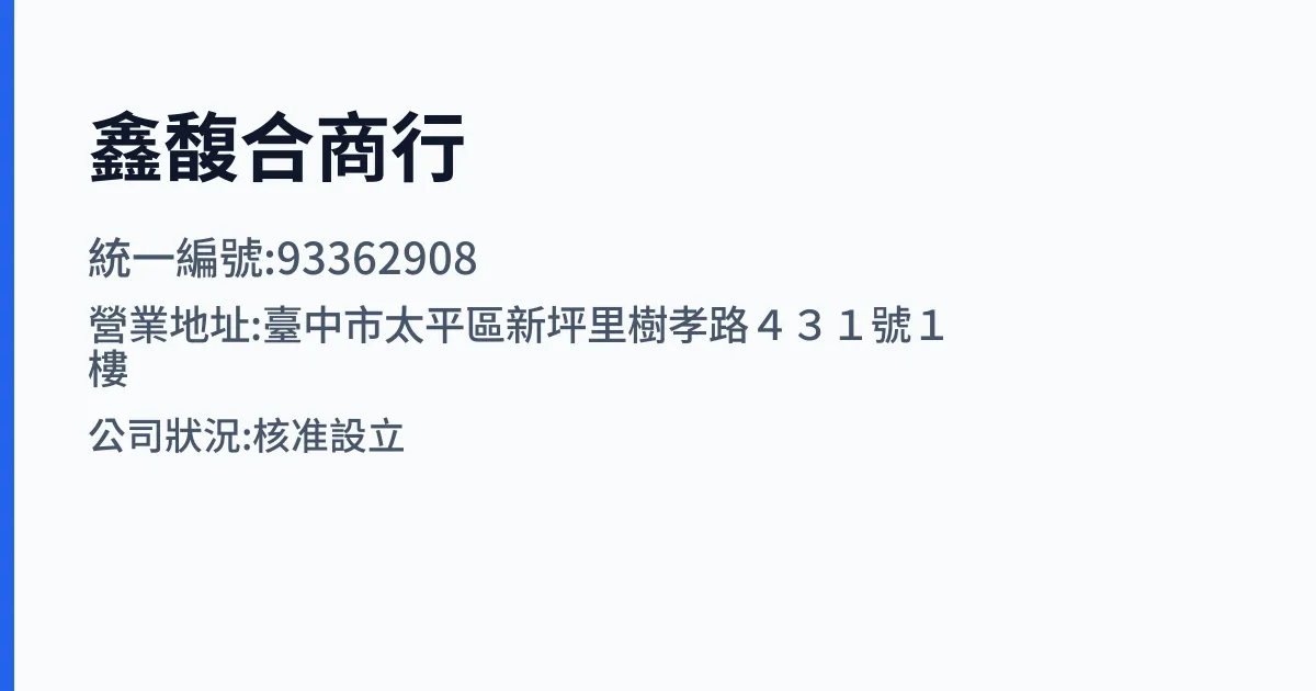 鑫馥合商行 - 統編 93362908(臺中市) 公司登記資料與營業項目詳細圖表
