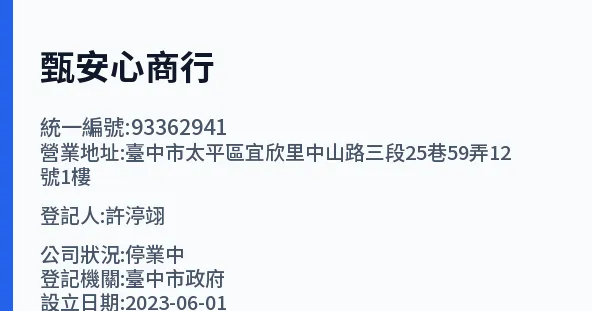 甄安心商行的照片-統編 93362941(臺中市) 公司登記資料與營業項目詳細圖表