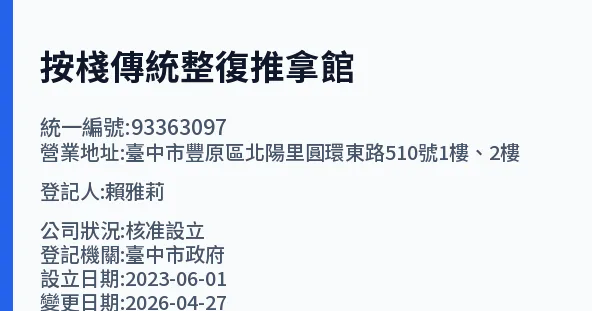 按棧傳統整復推拿館的照片-統編 93363097(臺中市) 公司登記資料與營業項目詳細圖表
