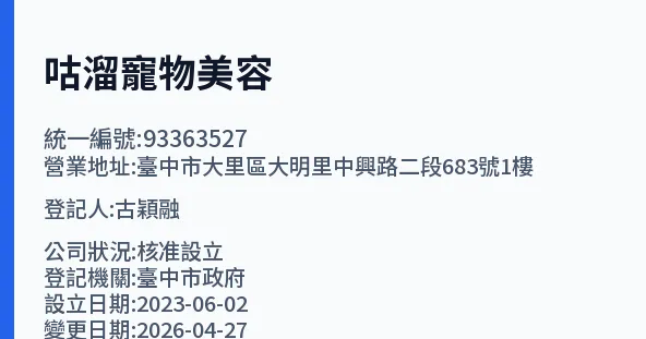 咕溜寵物美容的照片-統編 93363527(臺中市) 公司登記資料與營業項目詳細圖表