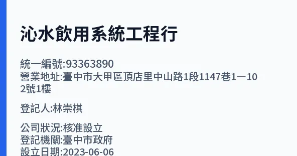 沁水飲用系統工程行的照片-統編 93363890(臺中市) 公司登記資料與營業項目詳細圖表