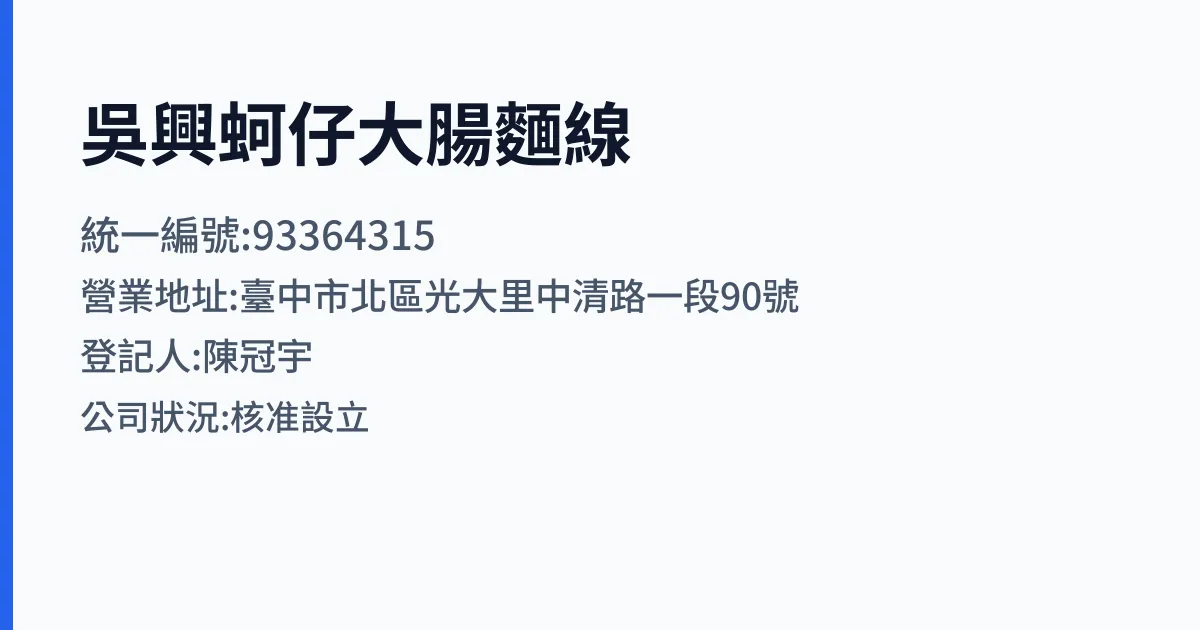 吳興蚵仔大腸麵線 - 統編 93364315(臺中市) 公司登記資料與營業項目詳細圖表