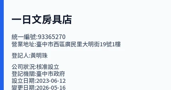 一日文房具店的照片-統編 93365270(臺中市) 公司登記資料與營業項目詳細圖表