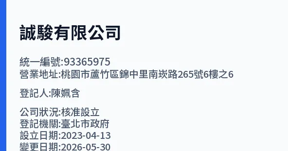 誠駿有限公司的照片-統編 93365975(桃園市) 公司登記資料與營業項目詳細圖表