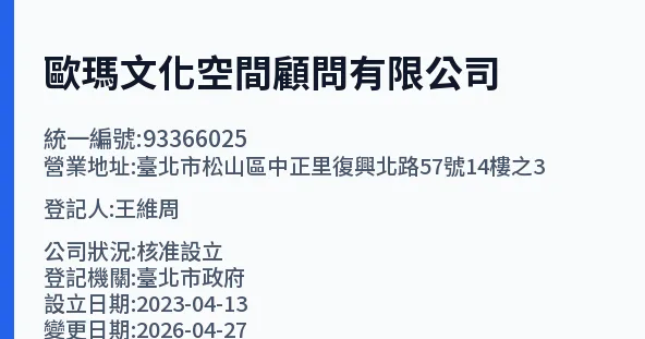 歐瑪文化空間顧問有限公司的照片-統編 93366025(臺北市) 公司登記資料與營業項目詳細圖表