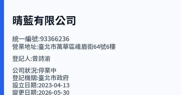 晴藍有限公司的照片-統編 93366236(臺北市) 公司登記資料與營業項目詳細圖表