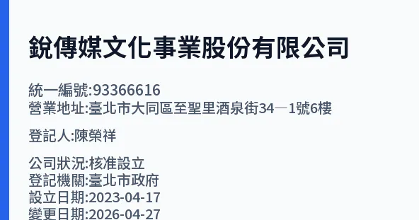 銳傳媒文化事業股份有限公司的照片-統編 93366616(臺北市) 公司登記資料與營業項目詳細圖表