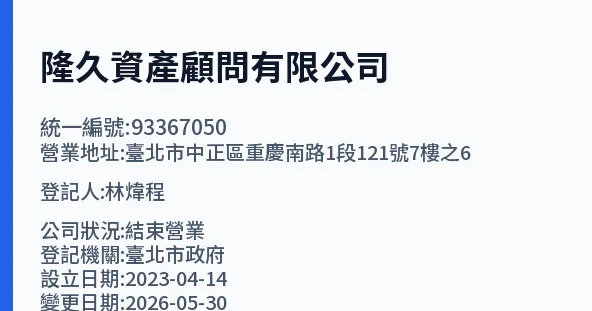 隆久資產顧問有限公司的照片-統編 93367050(臺北市) 公司登記資料與營業項目詳細圖表