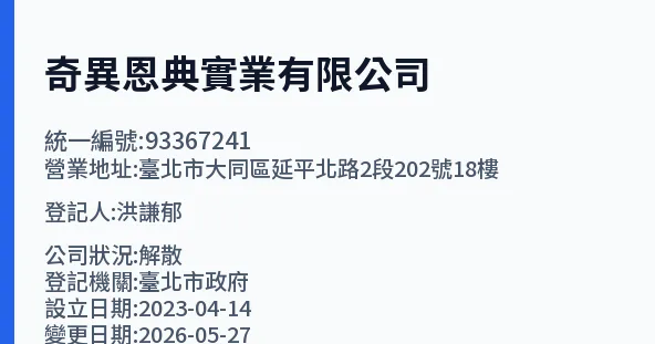 奇異恩典實業有限公司的照片-統編 93367241(臺北市) 公司登記資料與營業項目詳細圖表