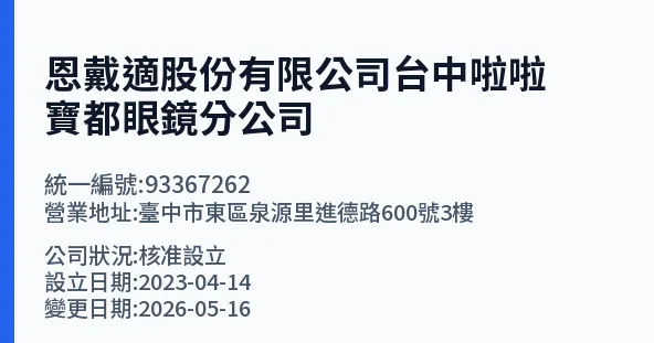 恩戴適股份有限公司台中啦啦寶都眼鏡分公司的照片-統編 93367262(臺中市) 公司登記資料與營業項目詳細圖表