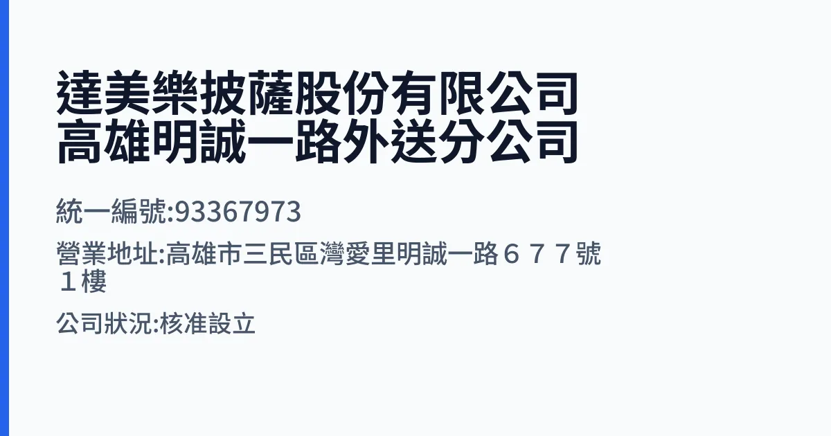 達美樂披薩股份有限公司高雄明誠一路外送分公司 - 統編 93367973(高雄市) 公司登記資料與營業項目詳細圖表