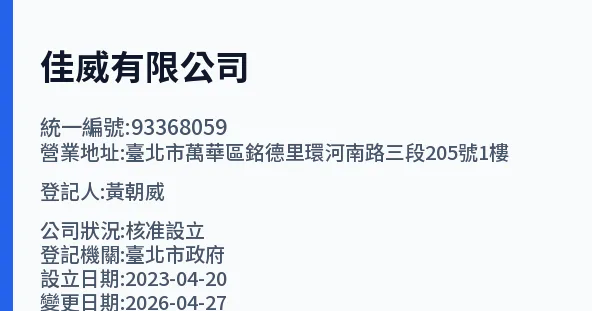 佳威有限公司的照片-統編 93368059(臺北市) 公司登記資料與營業項目詳細圖表