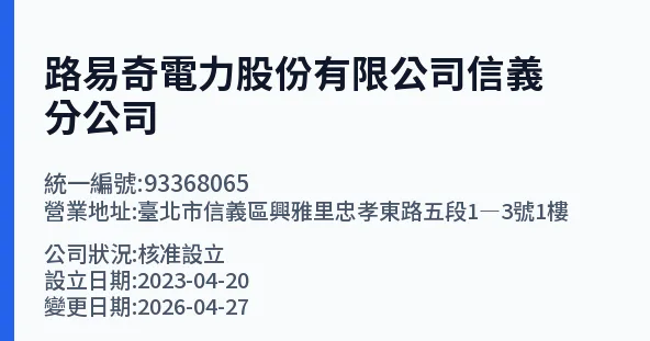 路易奇電力股份有限公司信義分公司的照片-統編 93368065(臺北市) 公司登記資料與營業項目詳細圖表