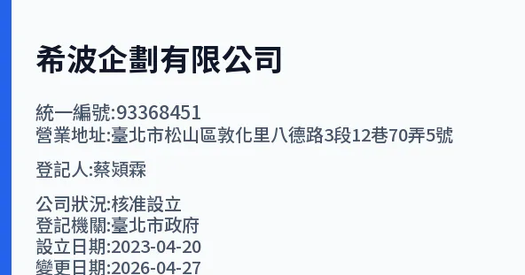 希波企劃有限公司的照片-統編 93368451(臺北市) 公司登記資料與營業項目詳細圖表