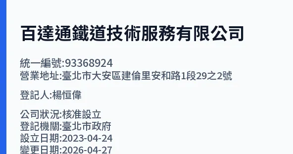 百達通鐵道技術服務有限公司的照片-統編 93368924(臺北市) 公司登記資料與營業項目詳細圖表